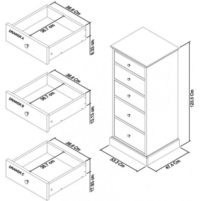Gatcombe Soft Grey 5 Drawer Tall Chest - Solent Beds & Furniture Ltd